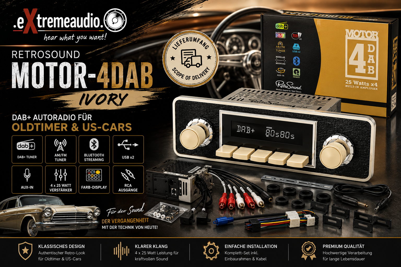 Retrosound MOTOR-4DAB Design IVORY DAB+ Autoradio für Oldtimer und US ...