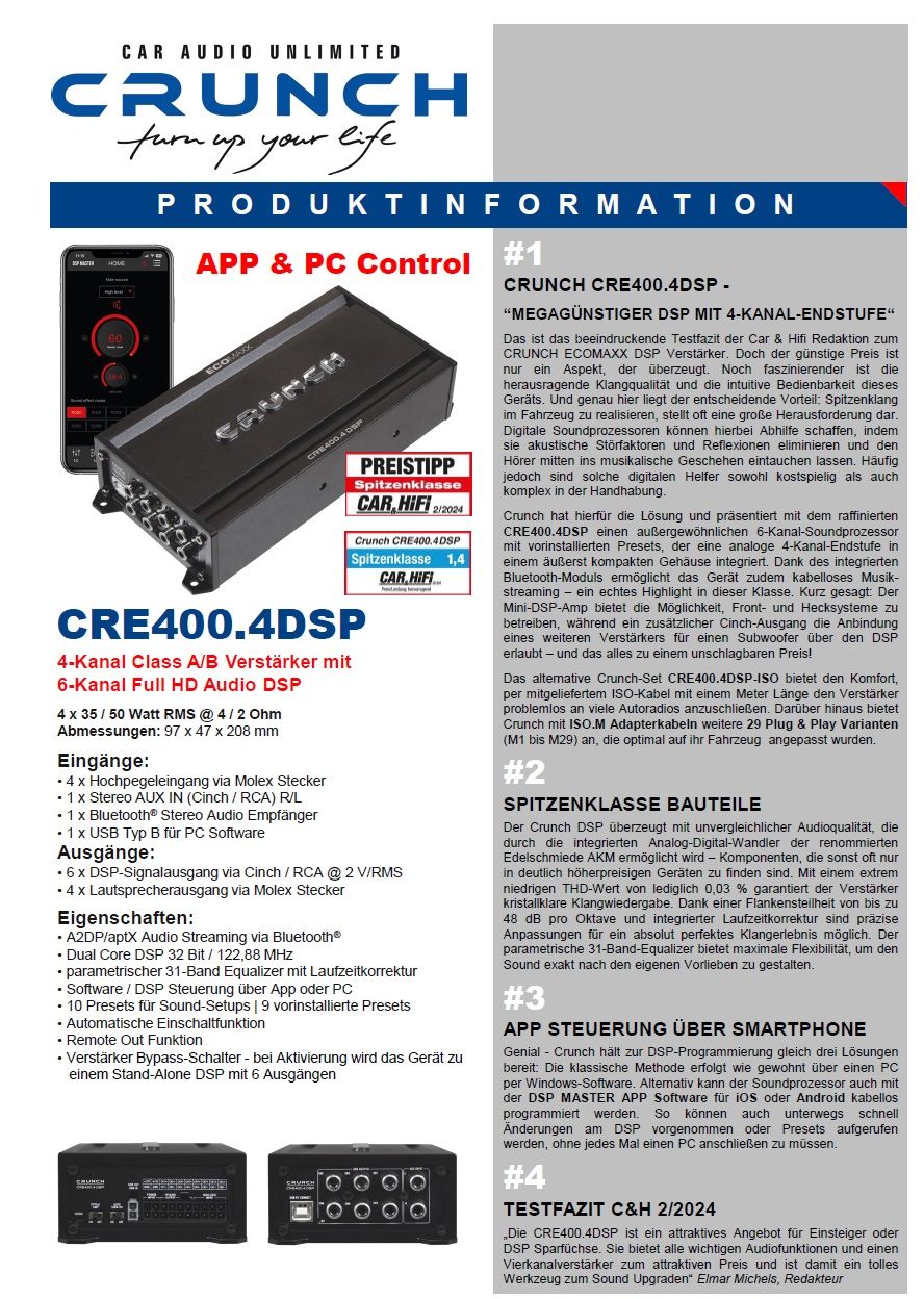 Crunch CRE400.4DSP Class A/B Analog 4-Kanal DSP Verstärker mit 6-Kanal ...